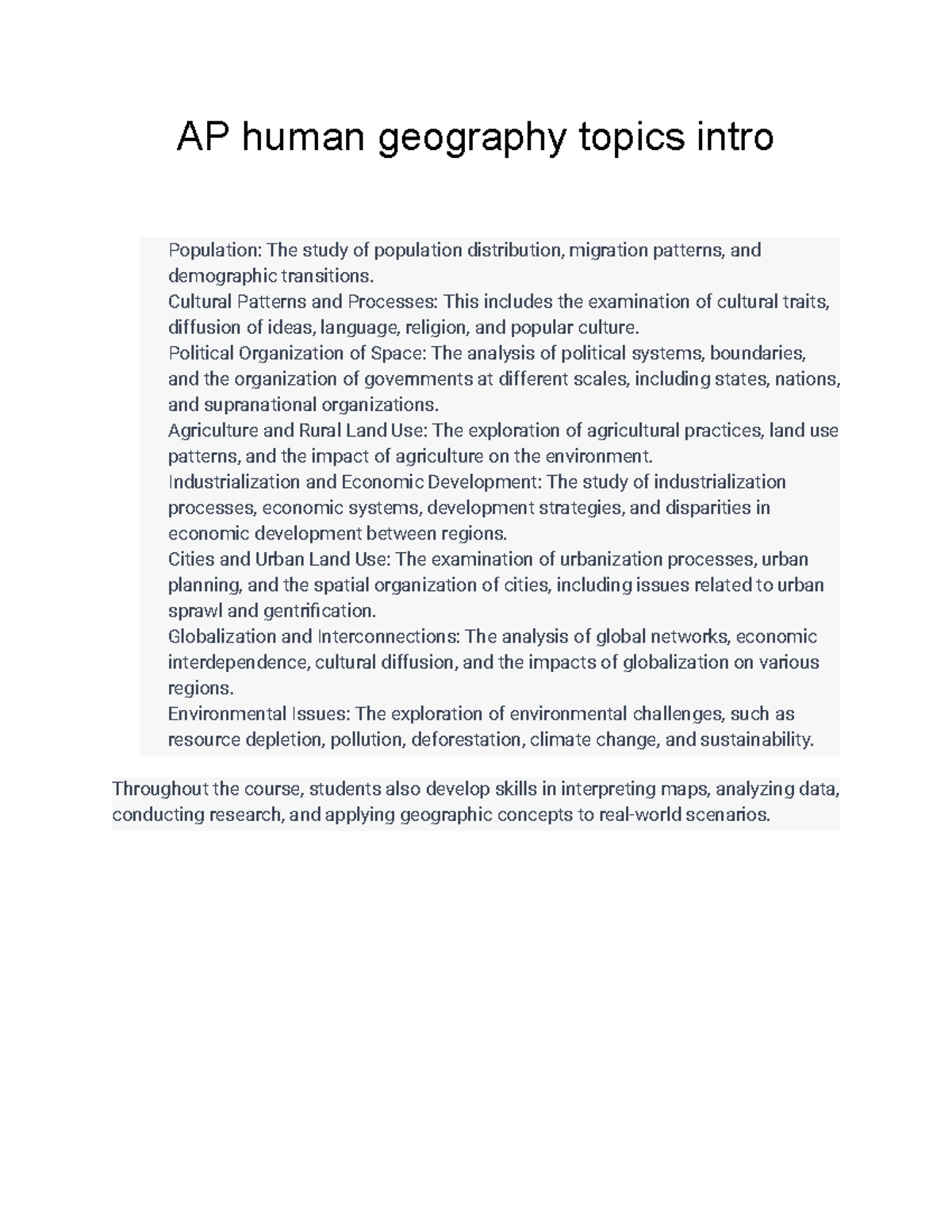 AP human geography topics intro - AP human geography topics intro ...