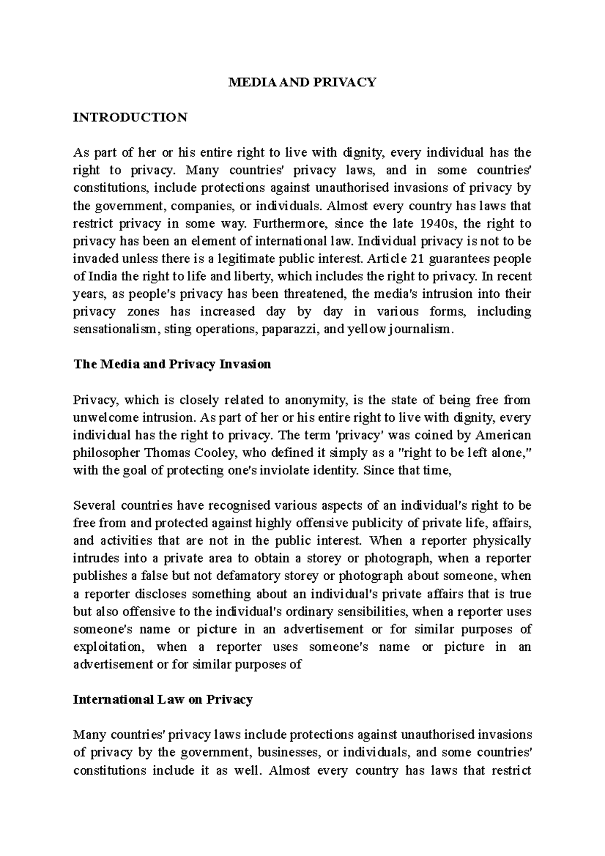 Media AND Privacy - Lecture notes 5 - MEDIA AND PRIVACY INTRODUCTION As ...