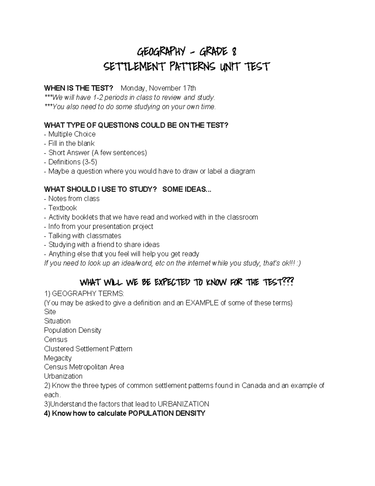 Grade 8 geography testreview - GEOGRAPHY - GRADE 8 SETTLEMENT PATTERNS ...