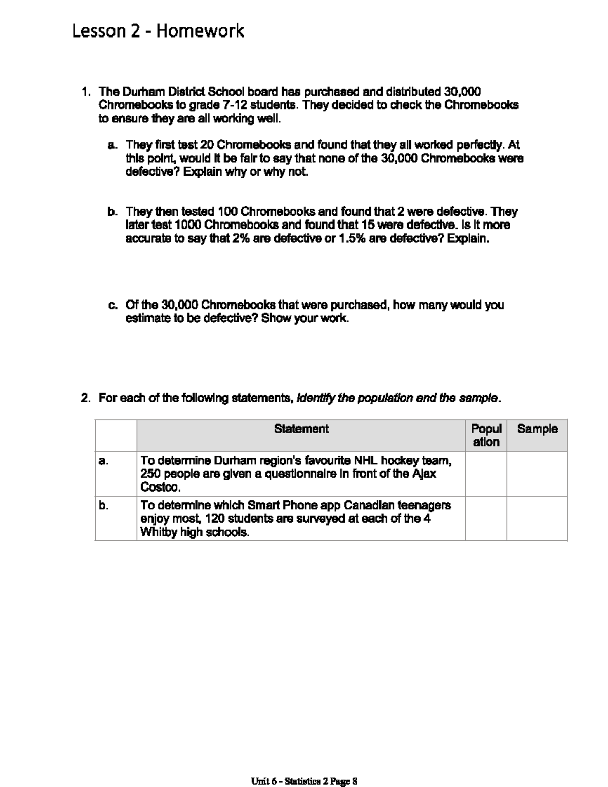 Population vs. Sample and Sampling Techniques Assignment - Studocu