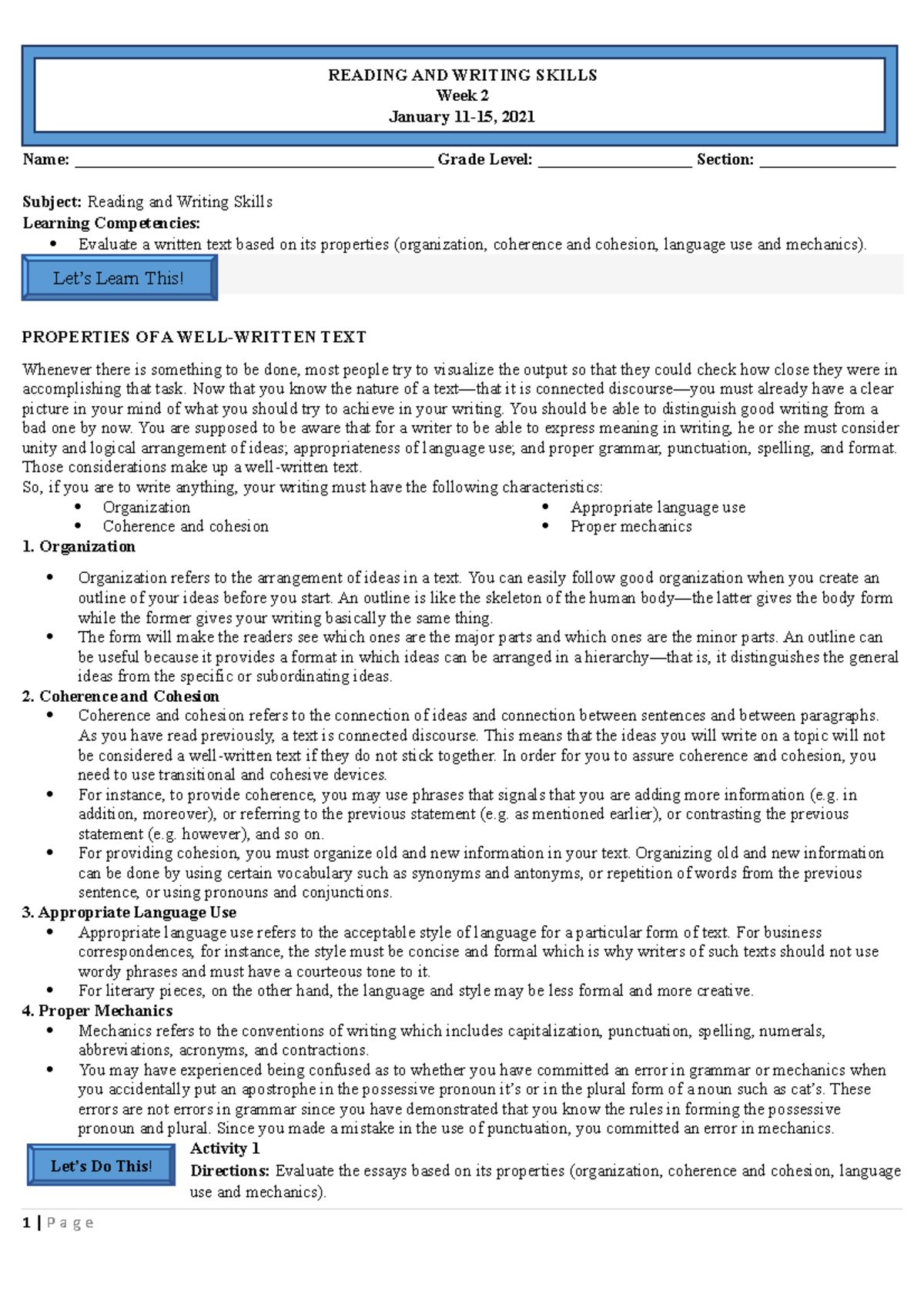489923643 Evaluate a written text based on its properties organization ...