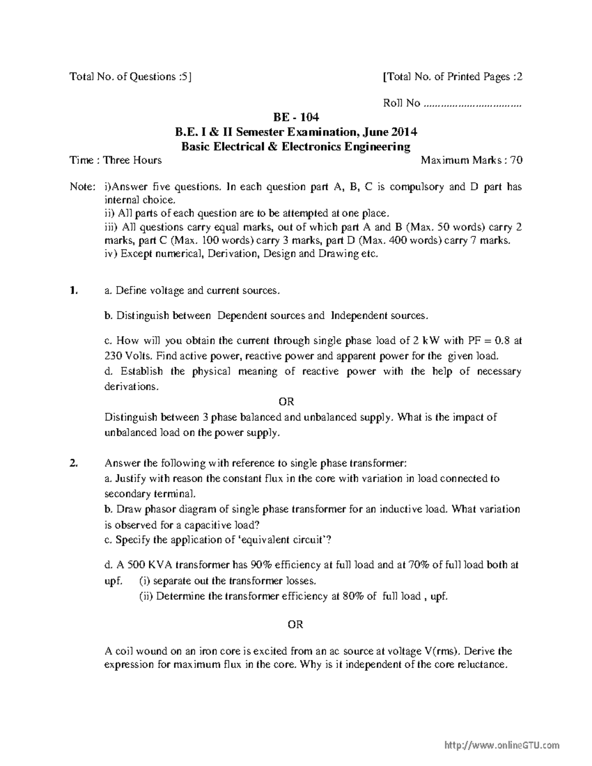 Be 104 basic electrical and electronics engineering jun 2014 - Total No ...