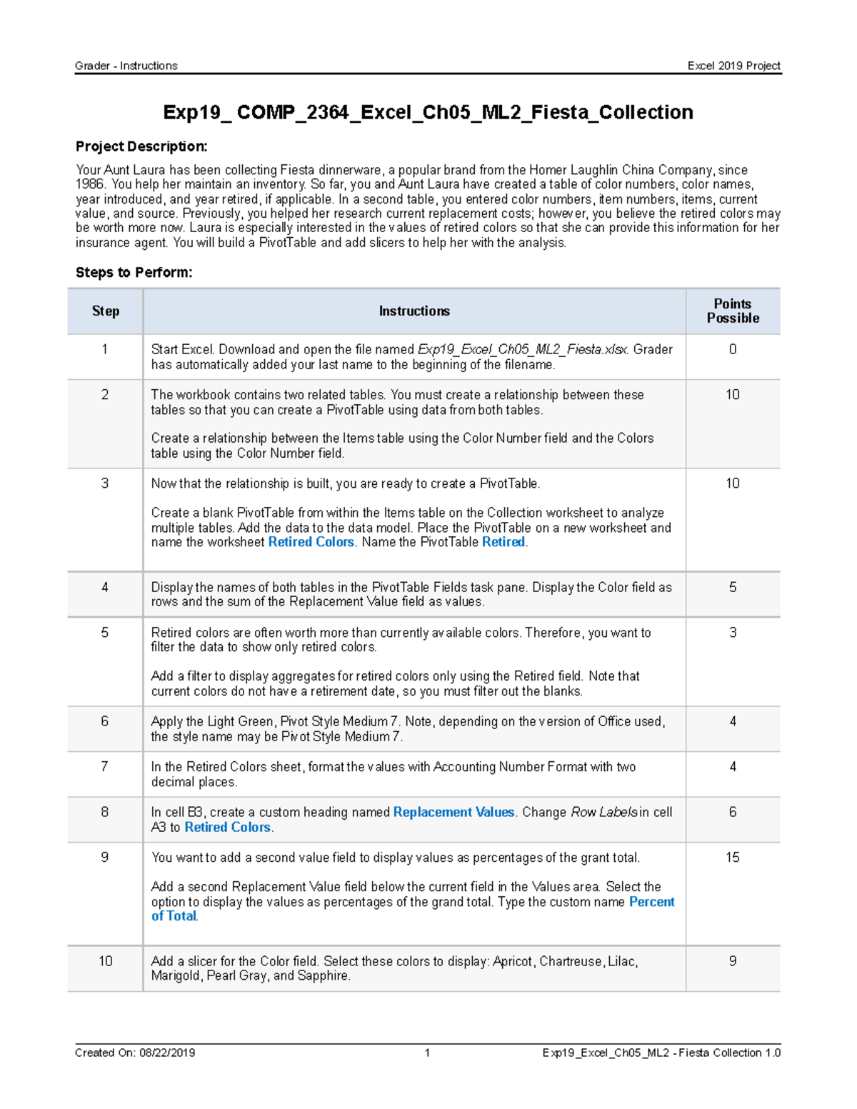 Assignment 05 Fiesta - Grader - Instructions Excel 2019 Project Exp19_ - Studocu