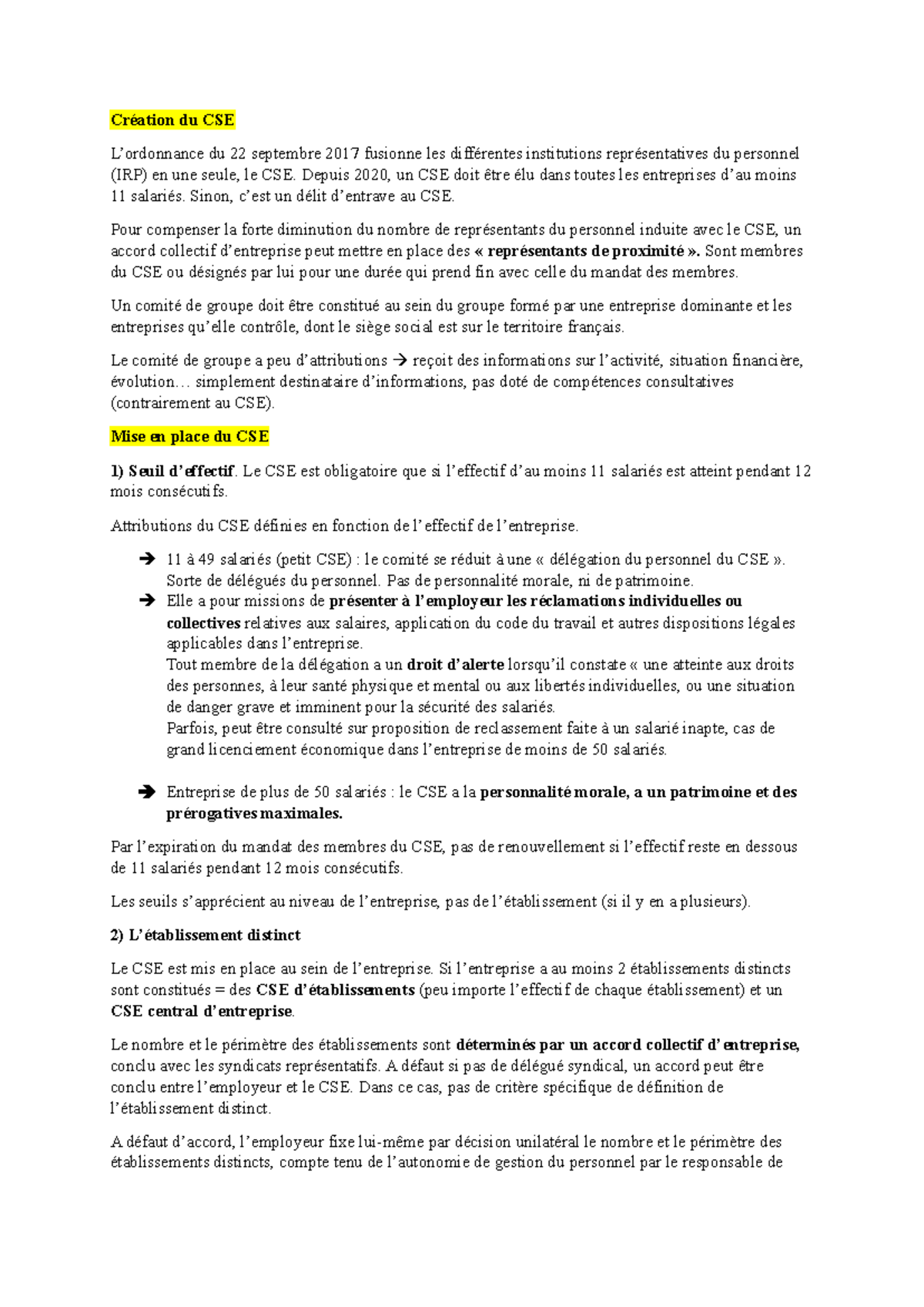 Fiches CSE - Résumé Droit du travail - Création du CSE L’ordonnance du 22 septembre 2017 ...