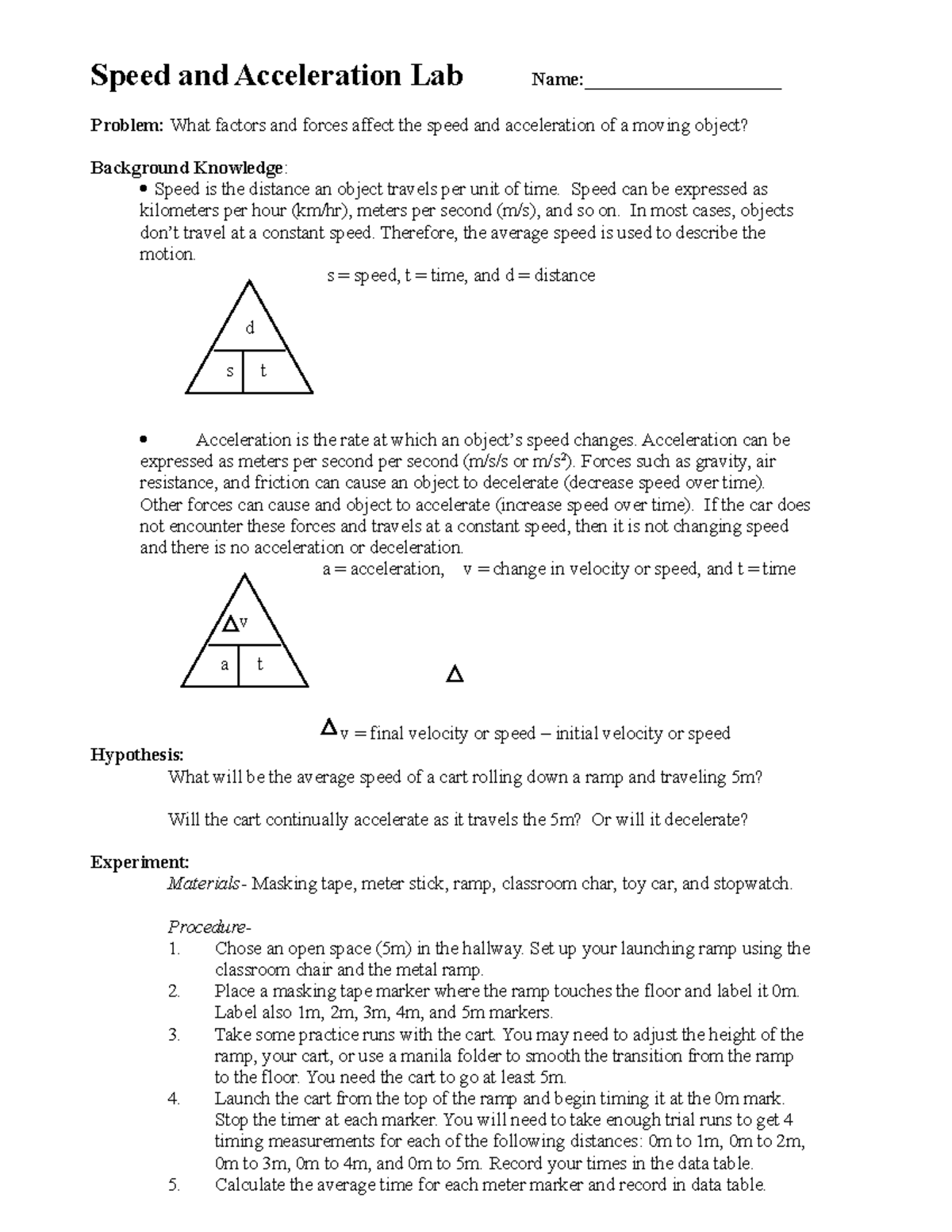 Speed and Acceleration Lab Outline Notes - Speed and Acceleration Lab ...