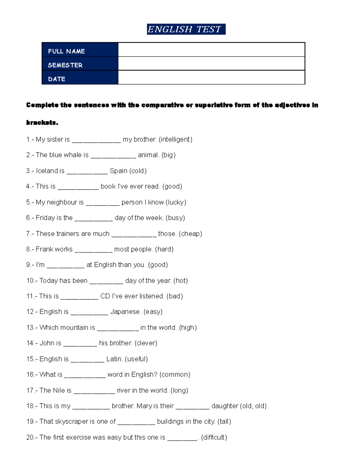 Comparative AND Superlative - ENGLISH TEST FULL NAME SEMESTER DATE ...