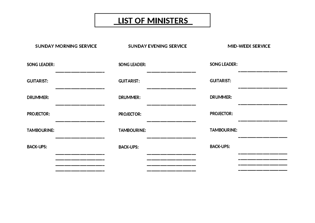 LIST OF Ministers - LIST OF MINISTERS_ SUNDAY MORNING SERVICE SONG ...