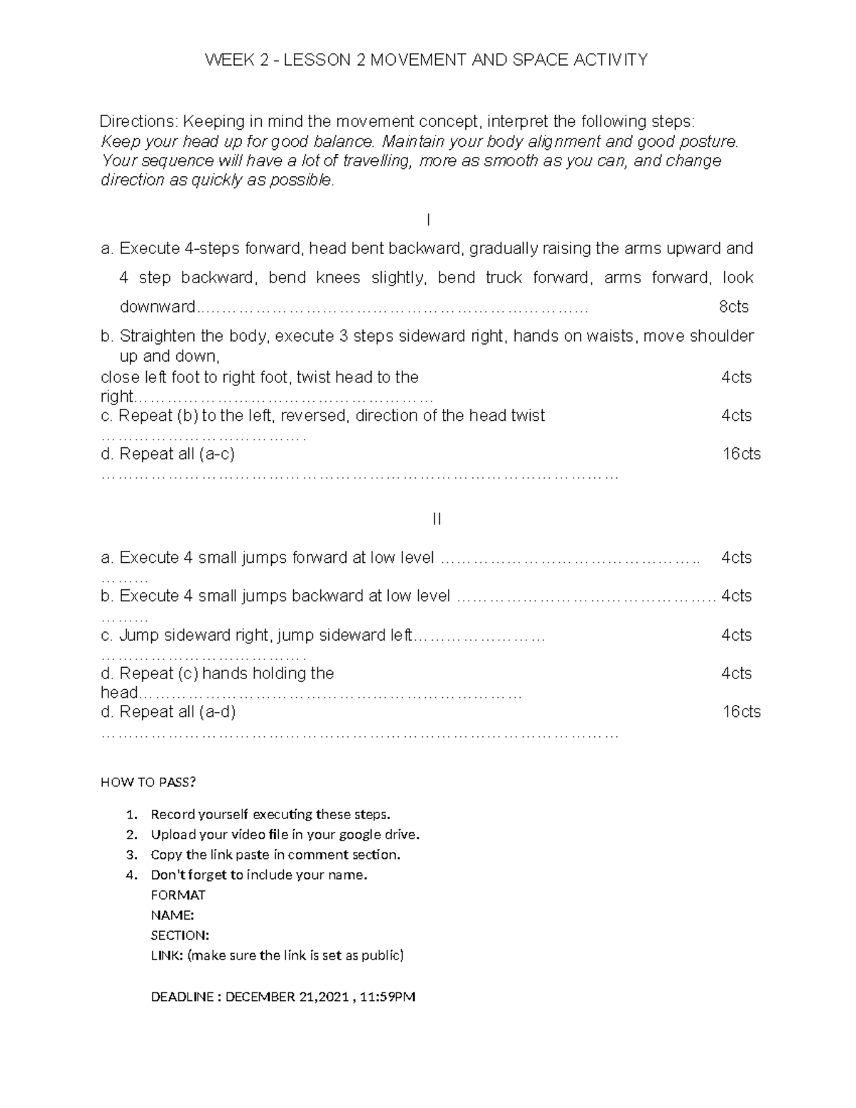 PED 026 WEEK 2 Activity - WEEK 2 - LESSON 2 MOVEMENT AND SPACE ACTIVITY ...