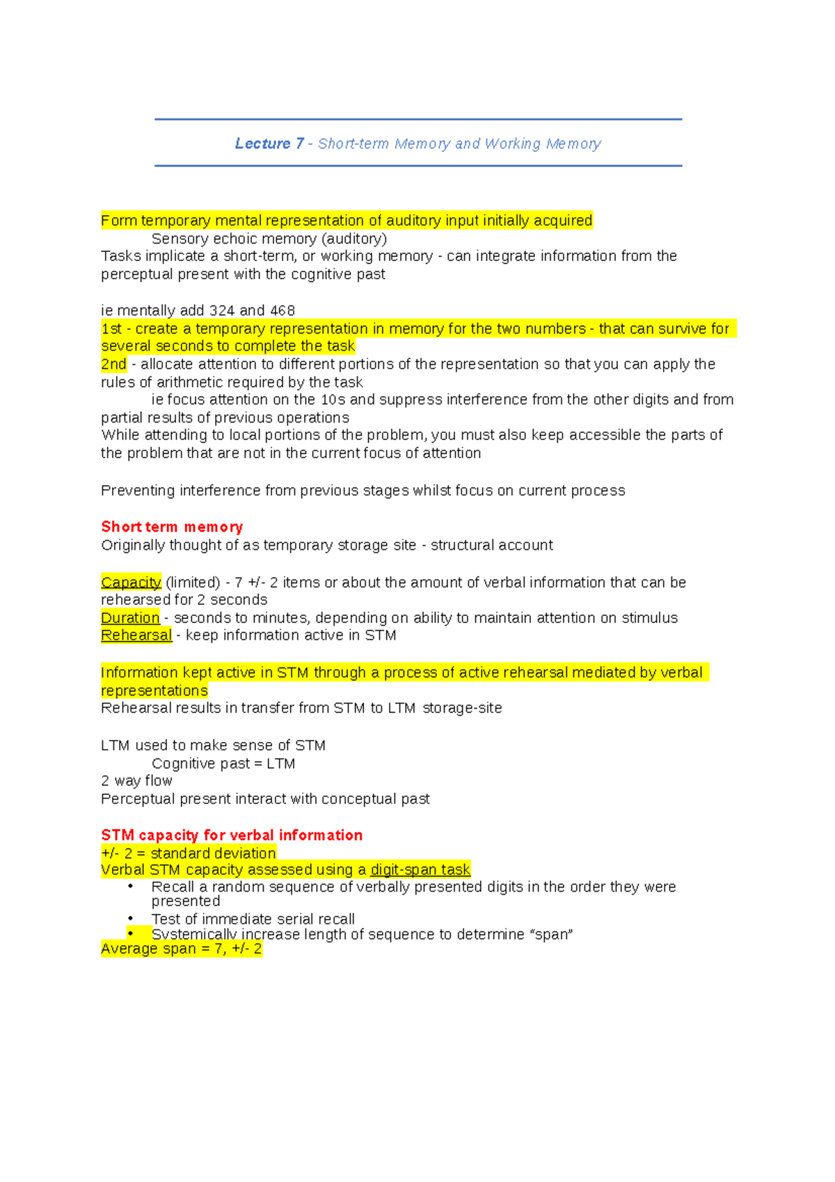 Lecture 7 - Lecture 7 - Short-term Memory and Working Memory Form ...