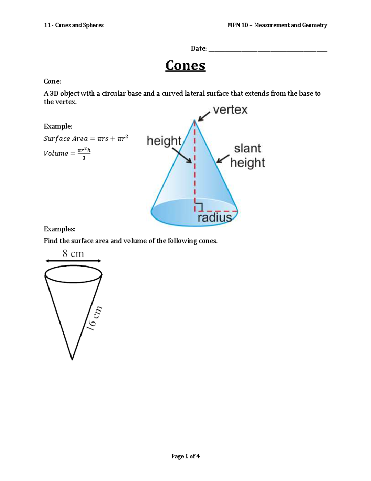 11 - Cones and Spheres - Notes - Date ...