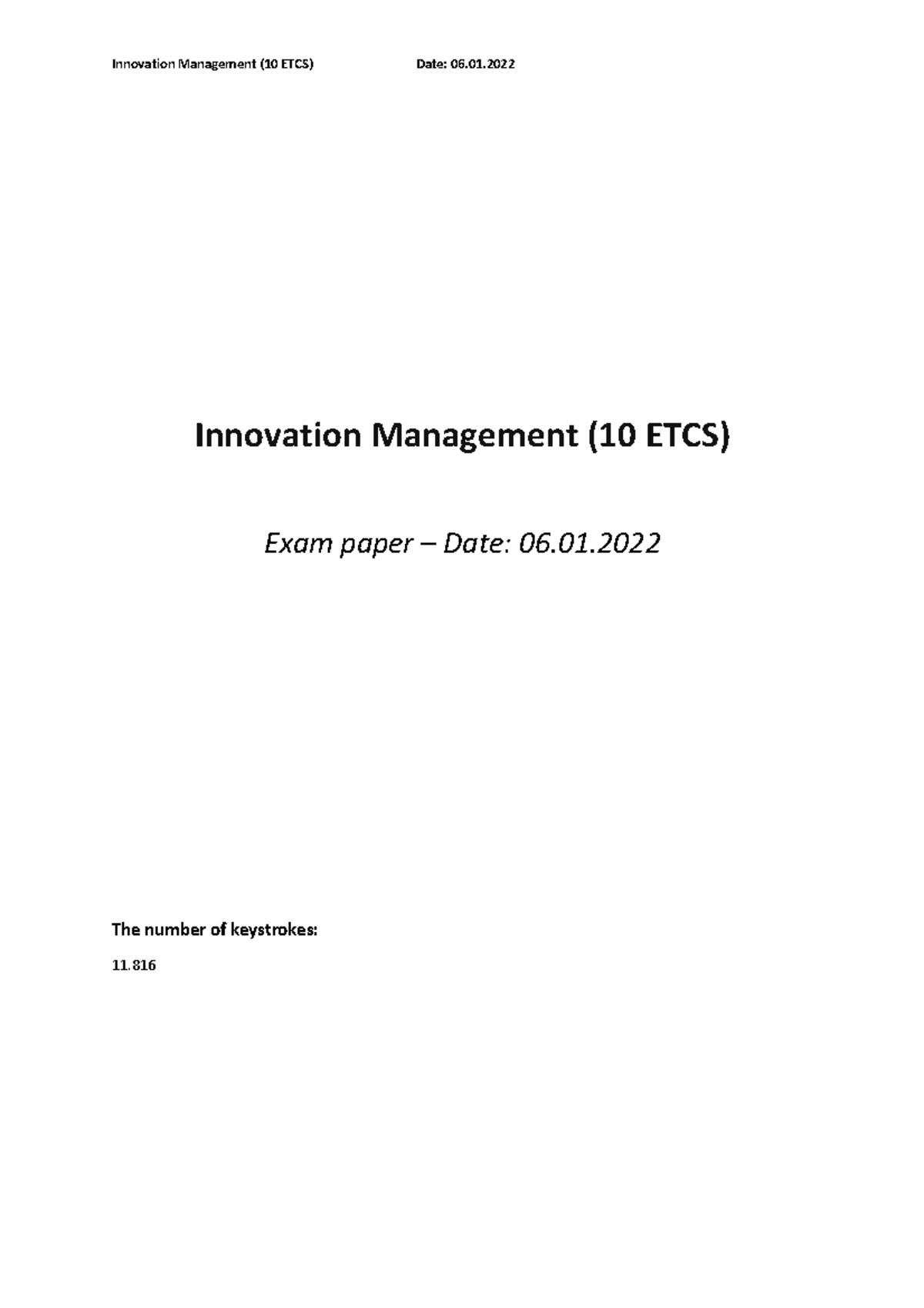 Innovation Management Exam 2022 - Innovation Management (10 ETCS) Exam ...
