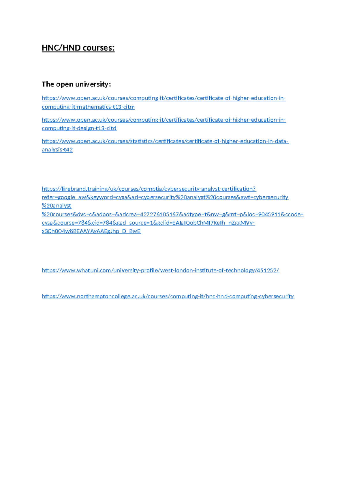 HND and HNC courses - n/a - HNC/HND courses: The open university: - Studocu