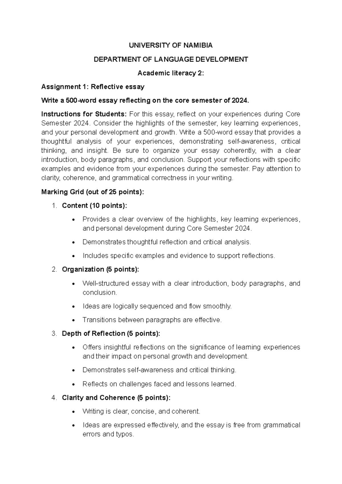 Assignment 1 AL2 - UNIVERSITY OF NAMIBIA DEPARTMENT OF LANGUAGE ...