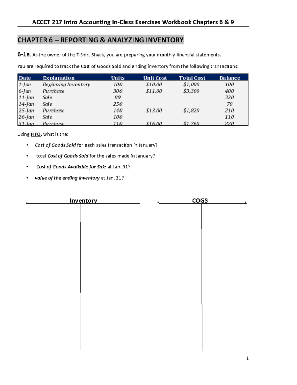 In-Class Exercise Workbook Chapters 6 & 9 - CHAPTER 6 – REPORTING & ANALYZING INVENTORY 6-1a. As ...