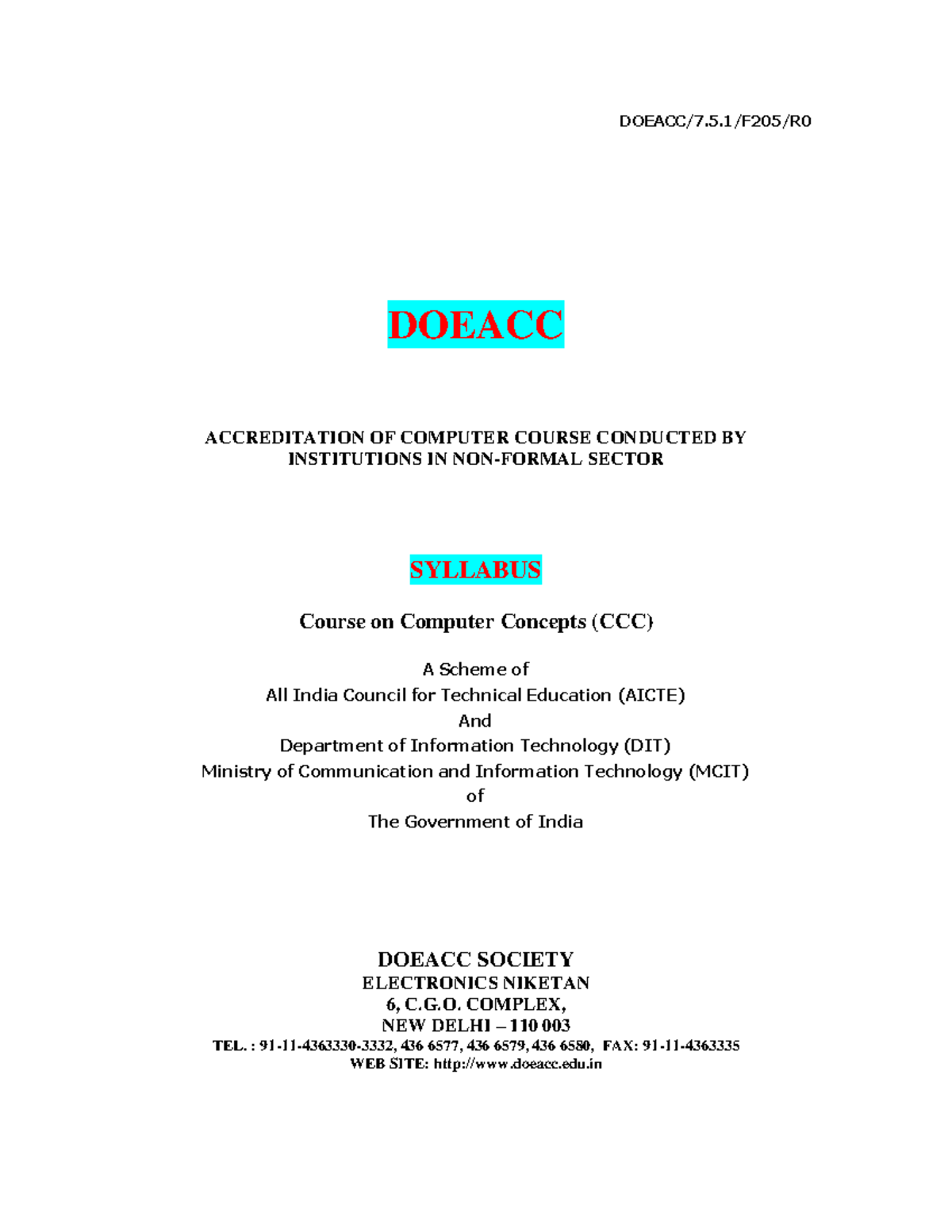 Syllabus CCC - notes - DOEACC/7.5/F205/R DOEACC ACCREDITATION OF ...
