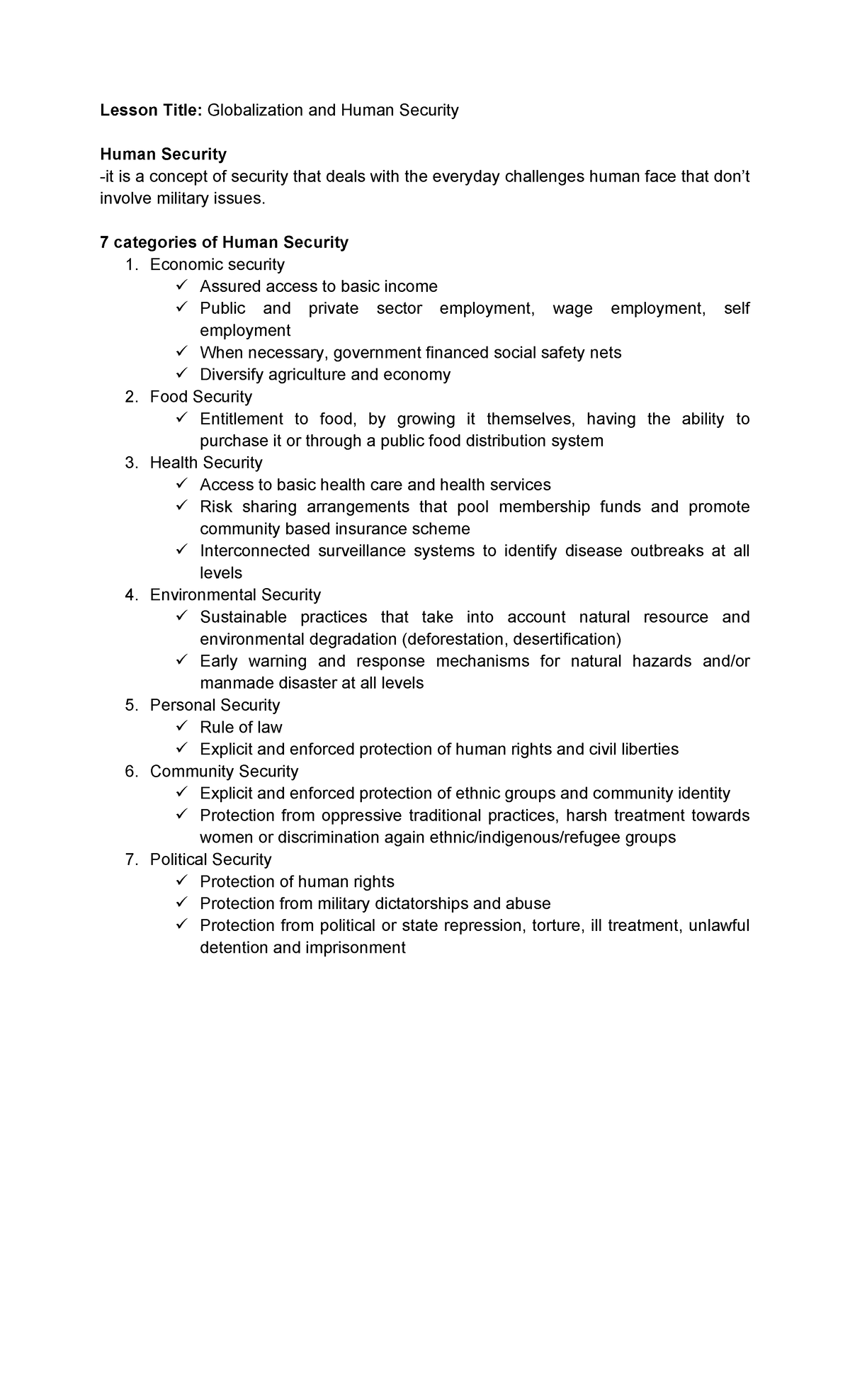 Globalization and Human Security - 7 categories of Human Security 1 ...
