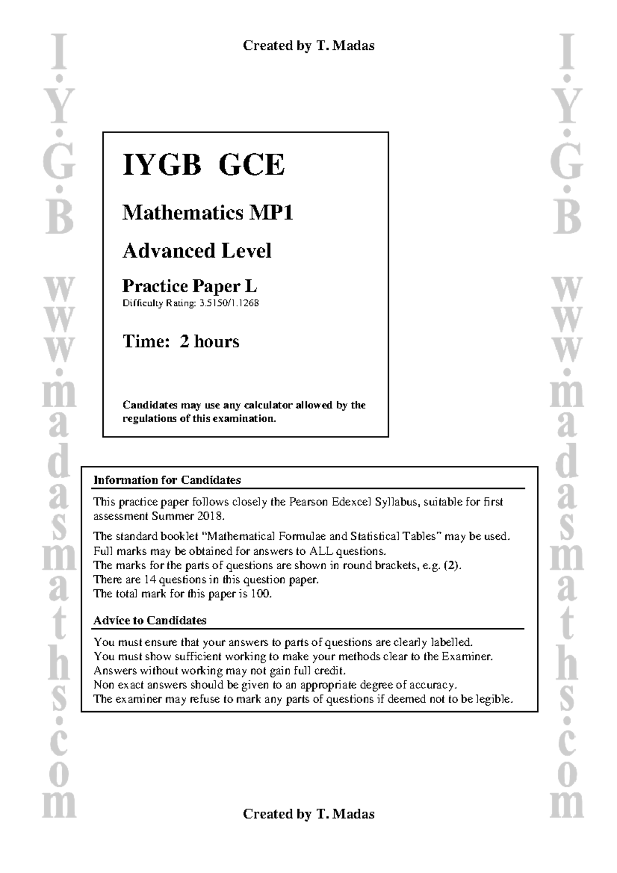 Mp1 l - sadw - IYGB GCE Mathematics MP Advanced Level Practice Paper L ...