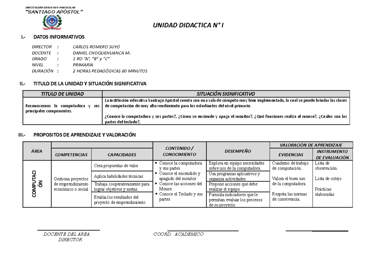 unidad 1 primer grado - INSTITUCIÓN EDUCATIVA PARTICULAR “SANTIAGO ...