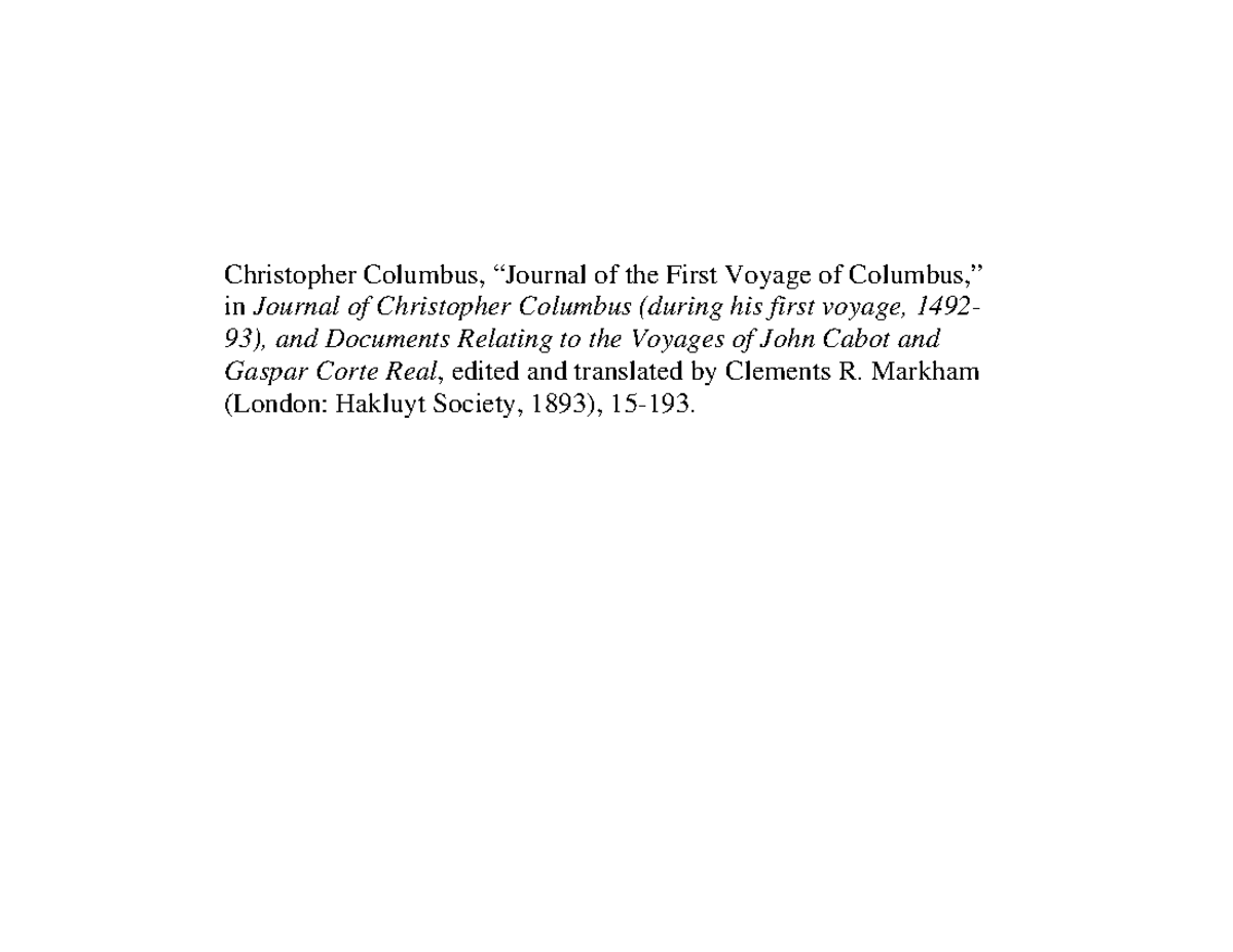 Columbus - Journal of the First Voyage - Christopher Columbus, “Journal ...