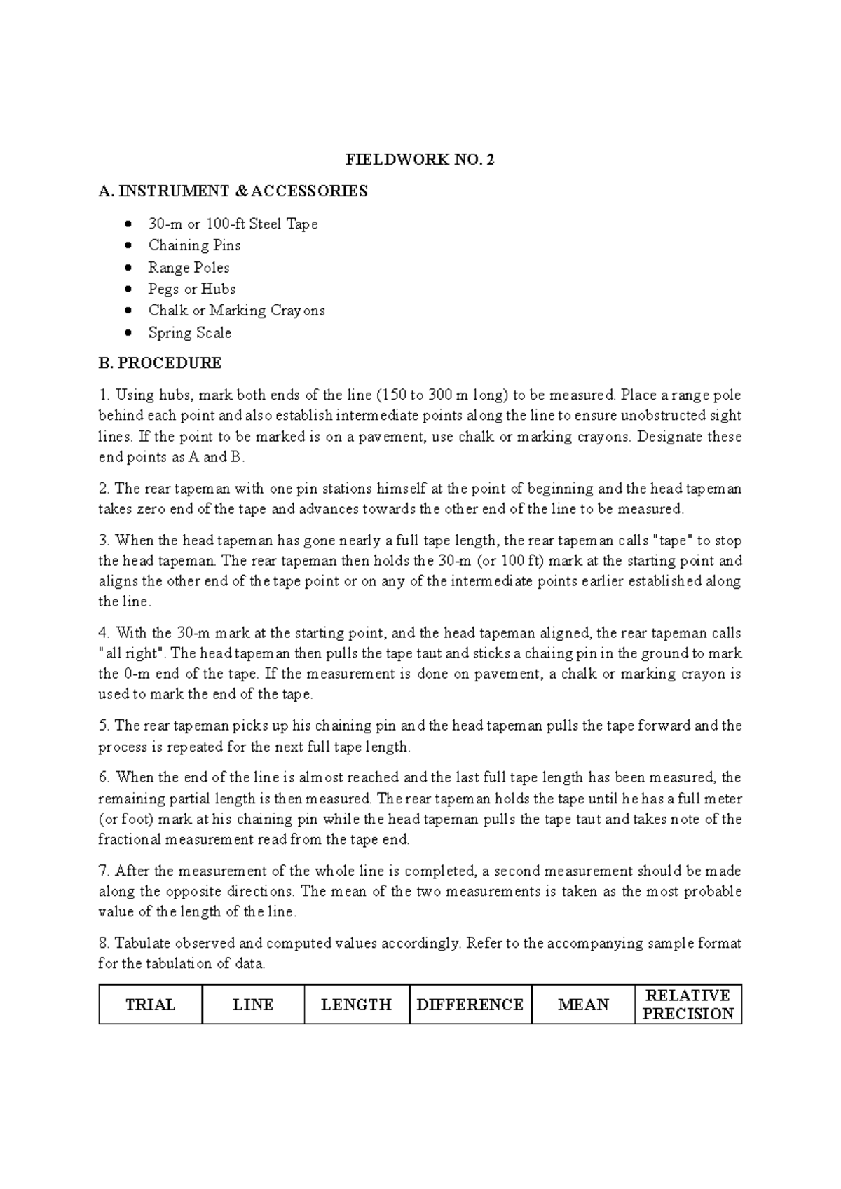 Fieldwork NO. 2 - FIELDWORK NO. 2 A. INSTRUMENT & ACCESSORIES 30-m or ...