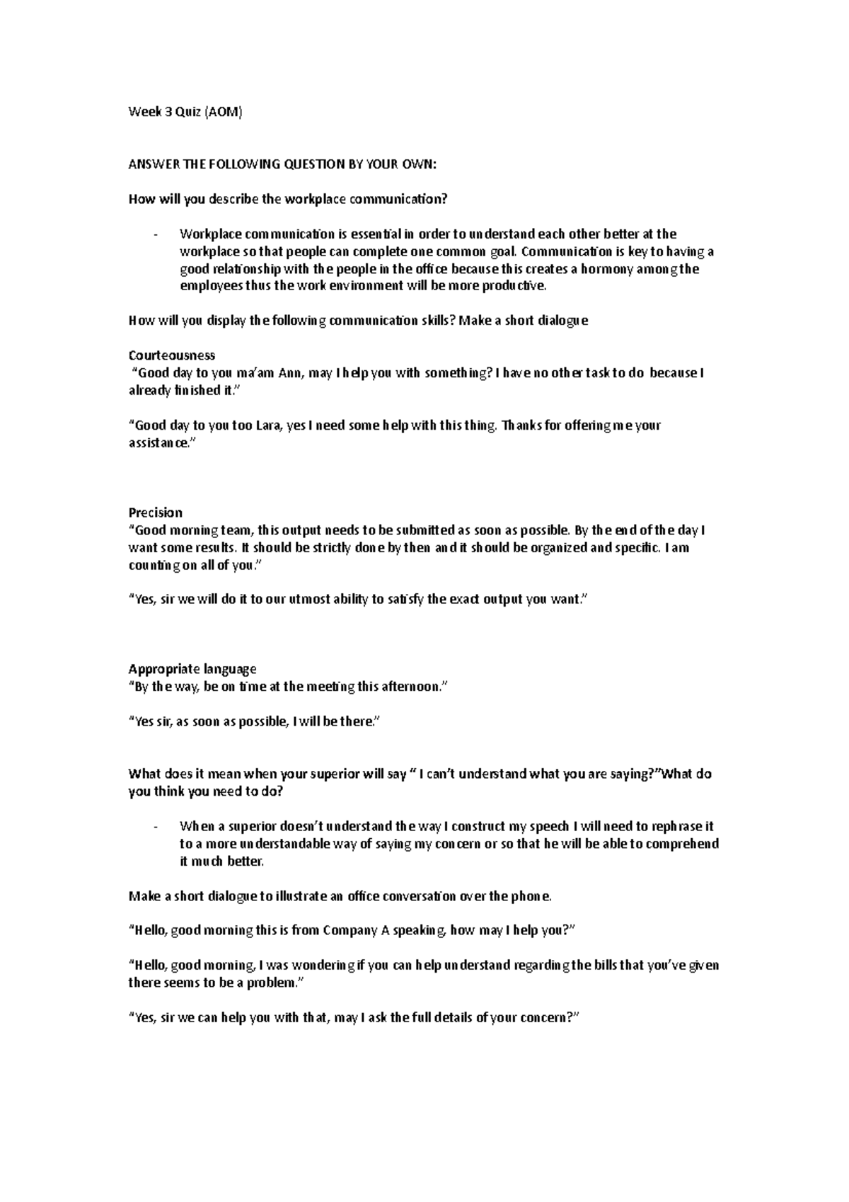 Week Quiz Answers To Aoms Week 3 Quiz Week 3 Quiz Aom Answer The Following Question By