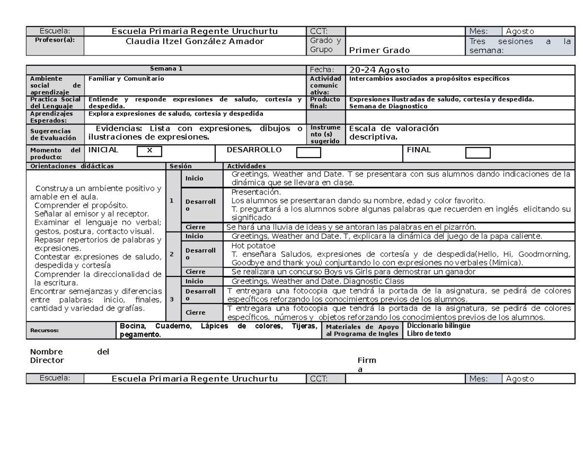 Lesson Plan Inicio de Clases 2 semanas - Escuela Primaria Regente ...