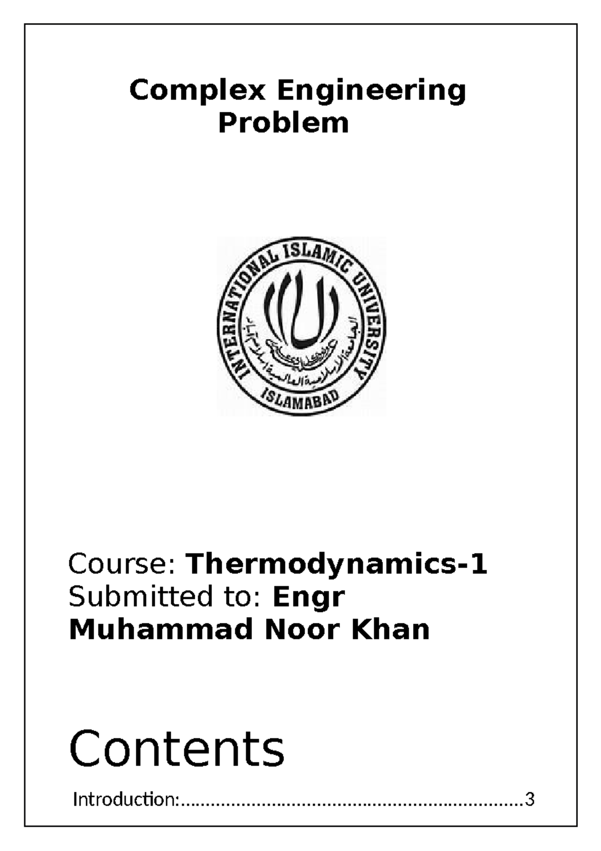 Complex Engineering Problem - Complex Engineering Problem Course: Thermodynamics- Submitted to ...