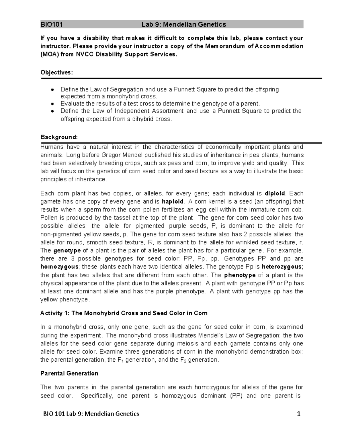 BIO 101 Lab 9 - Mendelian Genetics 2023 - If you have a disability that ...