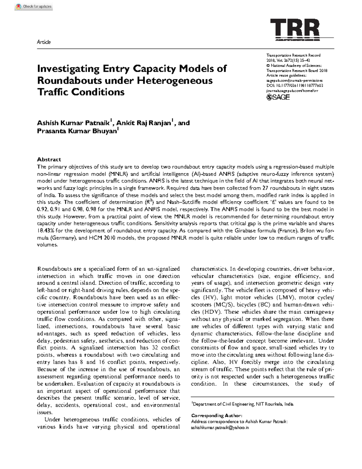 Investigating Entry Capacity Models of R - Article Transportation Research Record 2018, Vol ...
