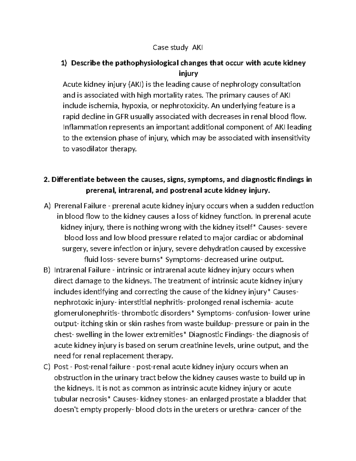 AKI CASE Study - Case study AKI Describe the pathophysiological changes ...