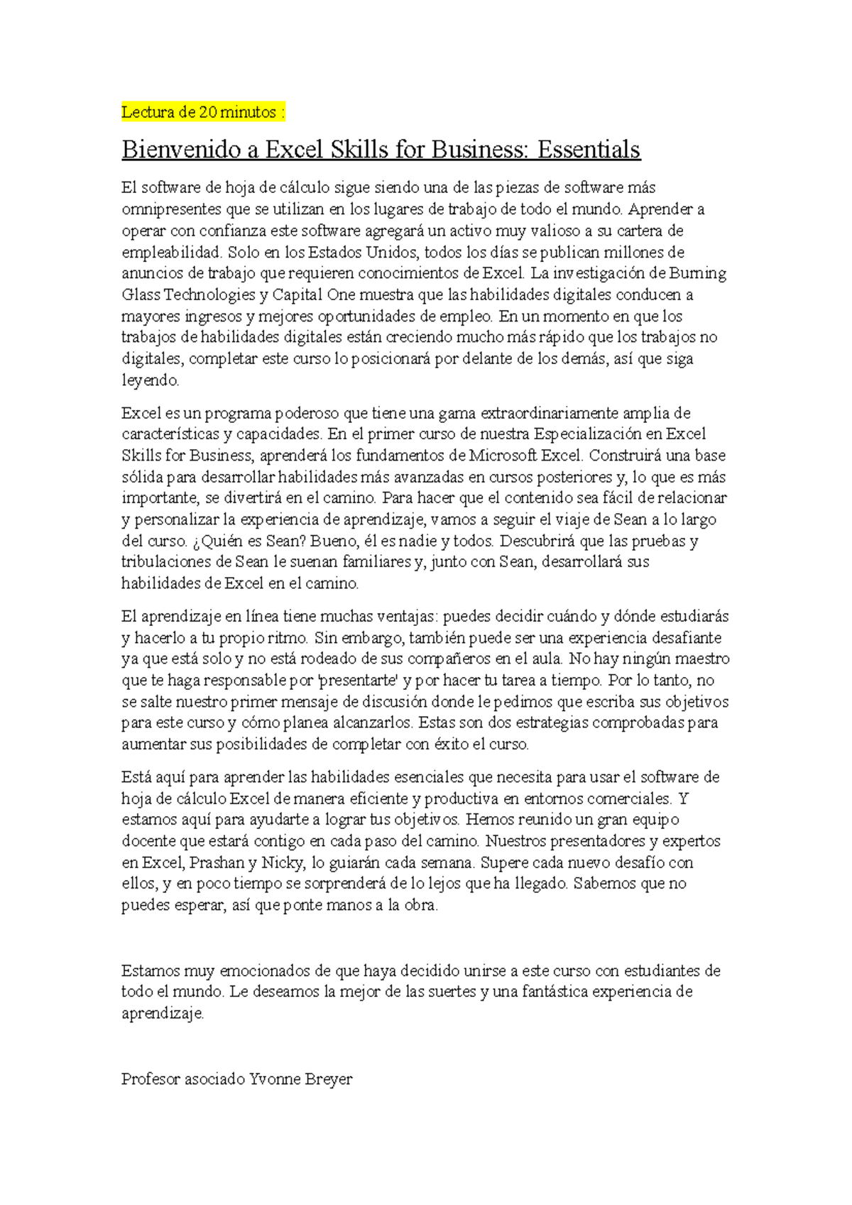 Lectura de 20 minutos - Lectura de 20 minutos : Bienvenido a Excel ...