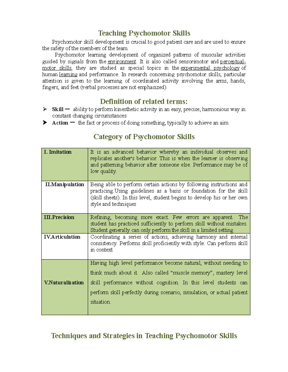 Teaching Psychomotor Skills - Teaching Psychomotor Skills Psychomotor ...
