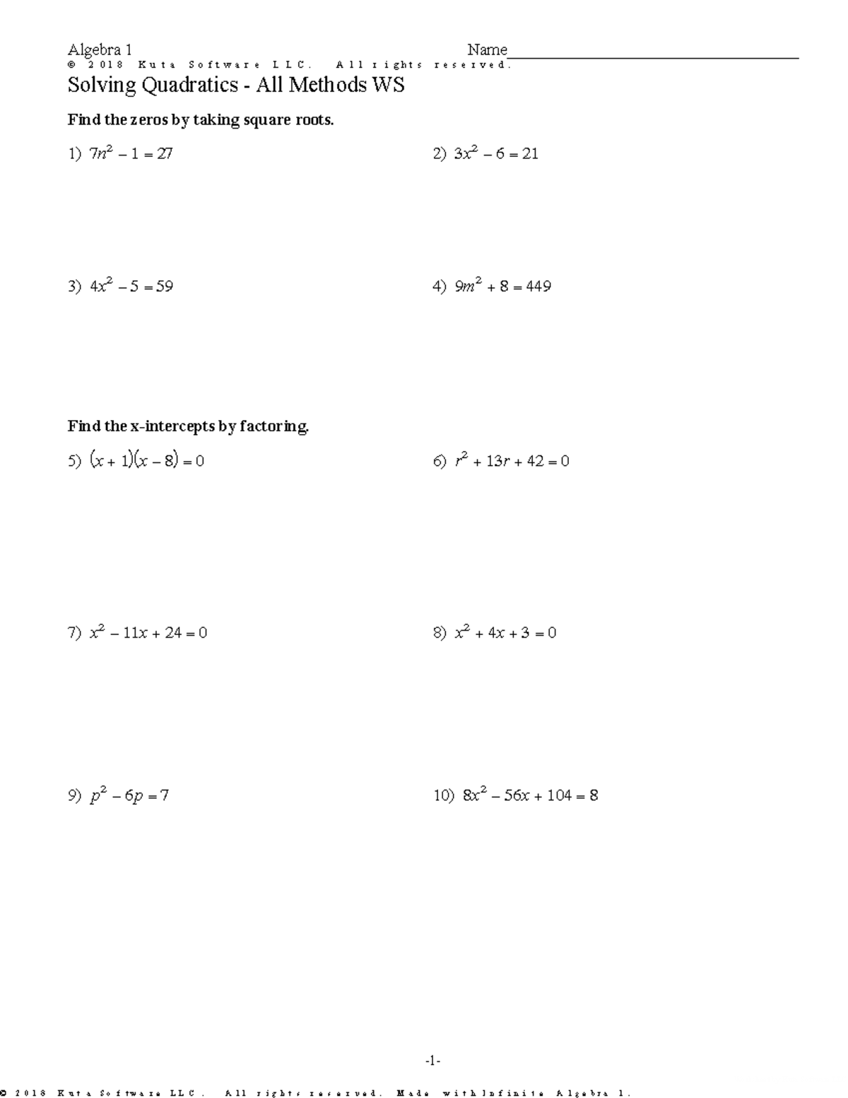 Solving quadratics - all methods ws - ©T [ 2 g 0 u 1 b 8 y KKZuotMat ...