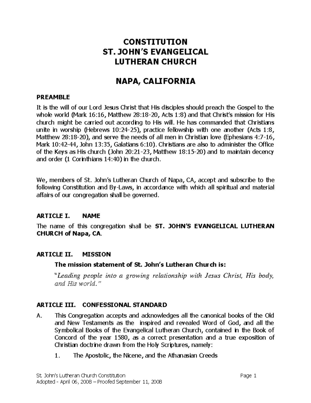 Constitution - St. John’s Lutheran Church Constitution Page 1 Adopted ...