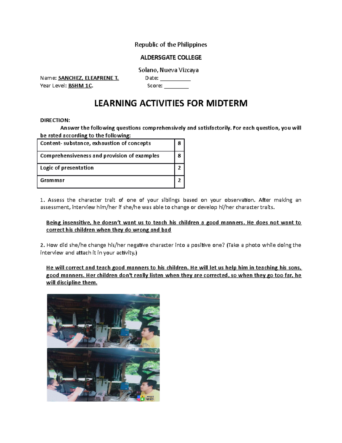 Sanchez, Eleafrene T. BSHM 1C ( Ethics) Learning Activity Midterm ...