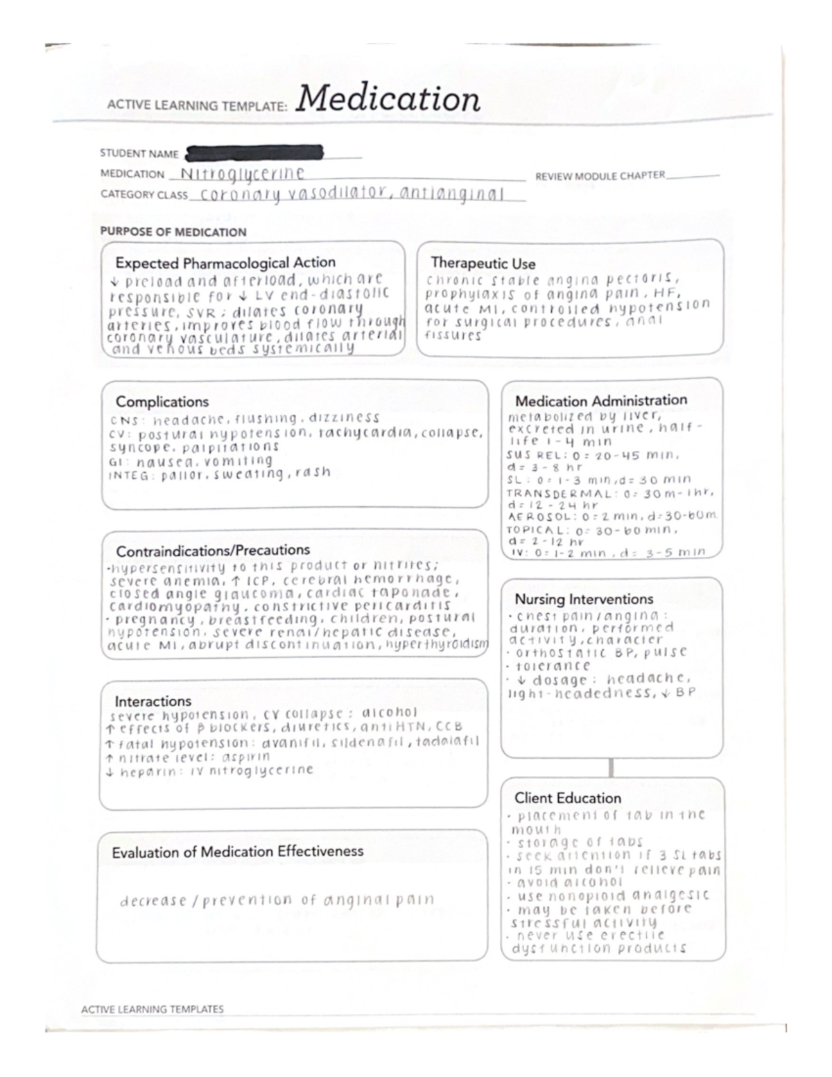 ATI Drug Template Nitroglycerine - NU 307/8 - Studocu
