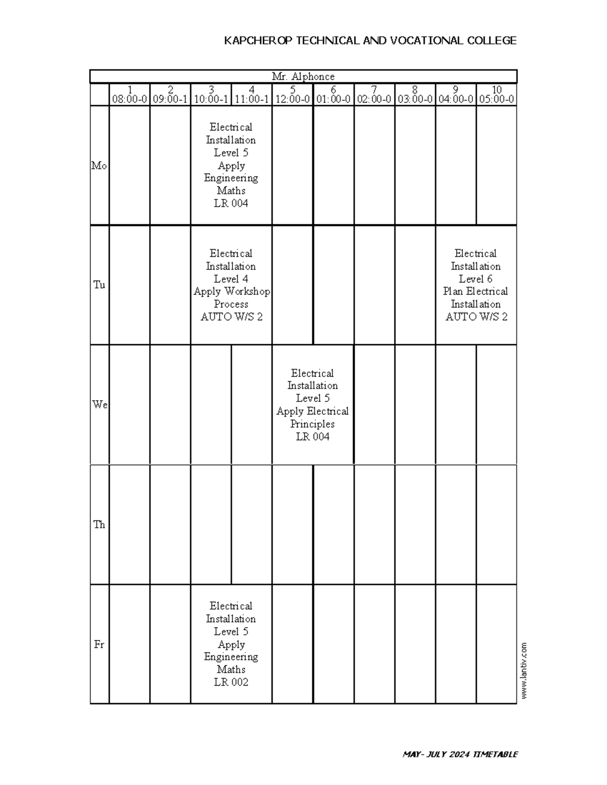 Electrical Trainers-8-1 - Mr. Alphonce 1 08:00- 2 09:00- 3 10:00- 4 11: ...