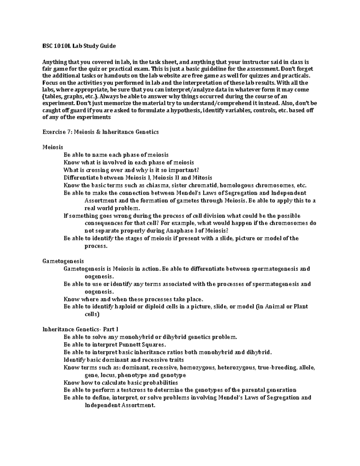 Lab 7 - it is a lab - BSC 1010L Lab Study Guide Anything that you ...