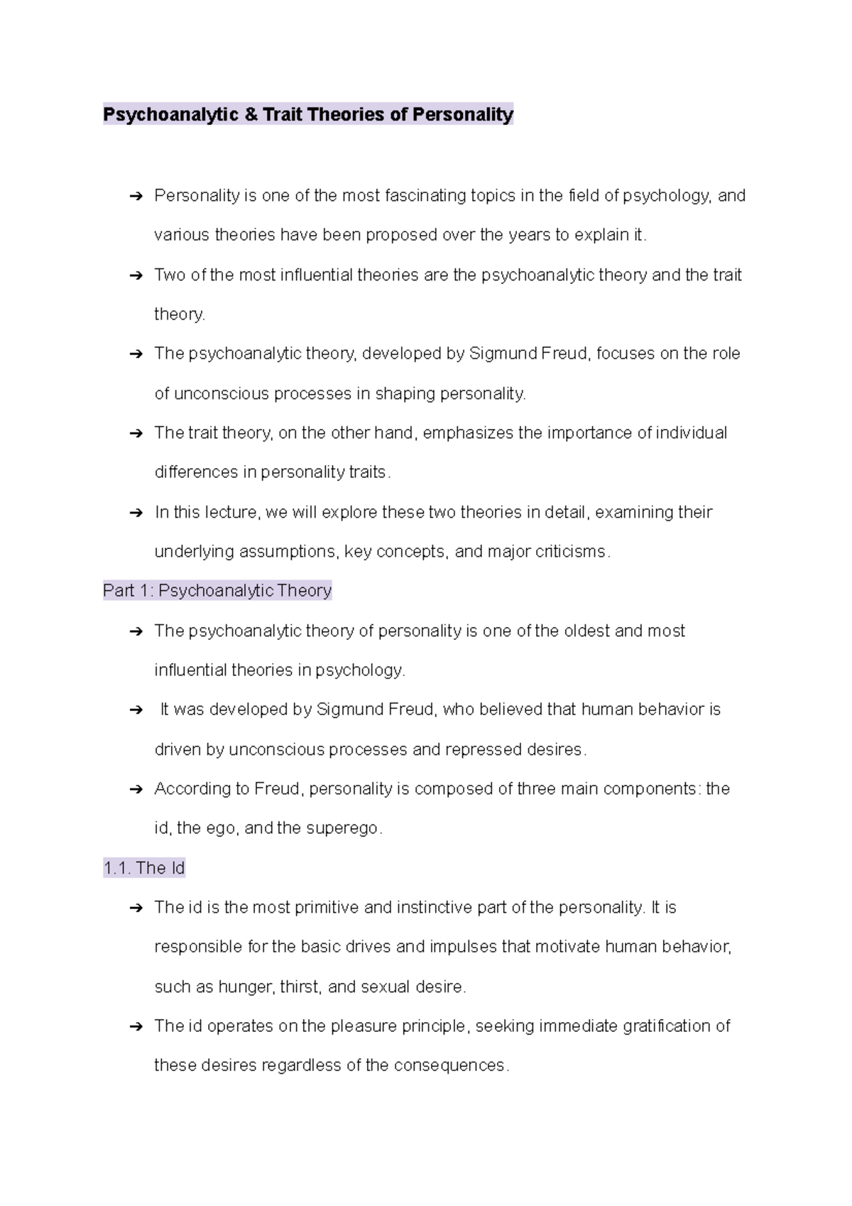 Psychoanalytic and Trait Theories of Personality - Two of the most ...