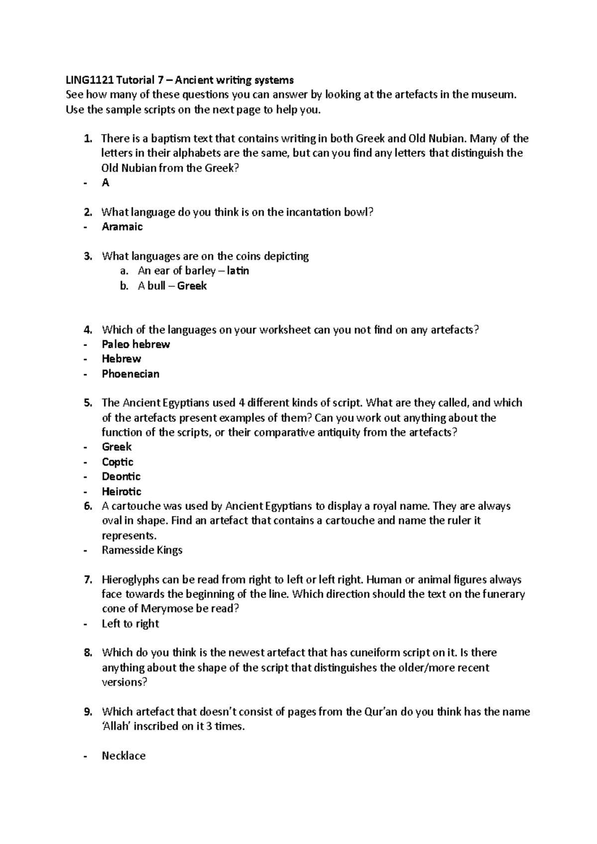 Writing Systems Worksheet - LING1121 Tutorial 7 – Ancient writing systems See how many of these ...