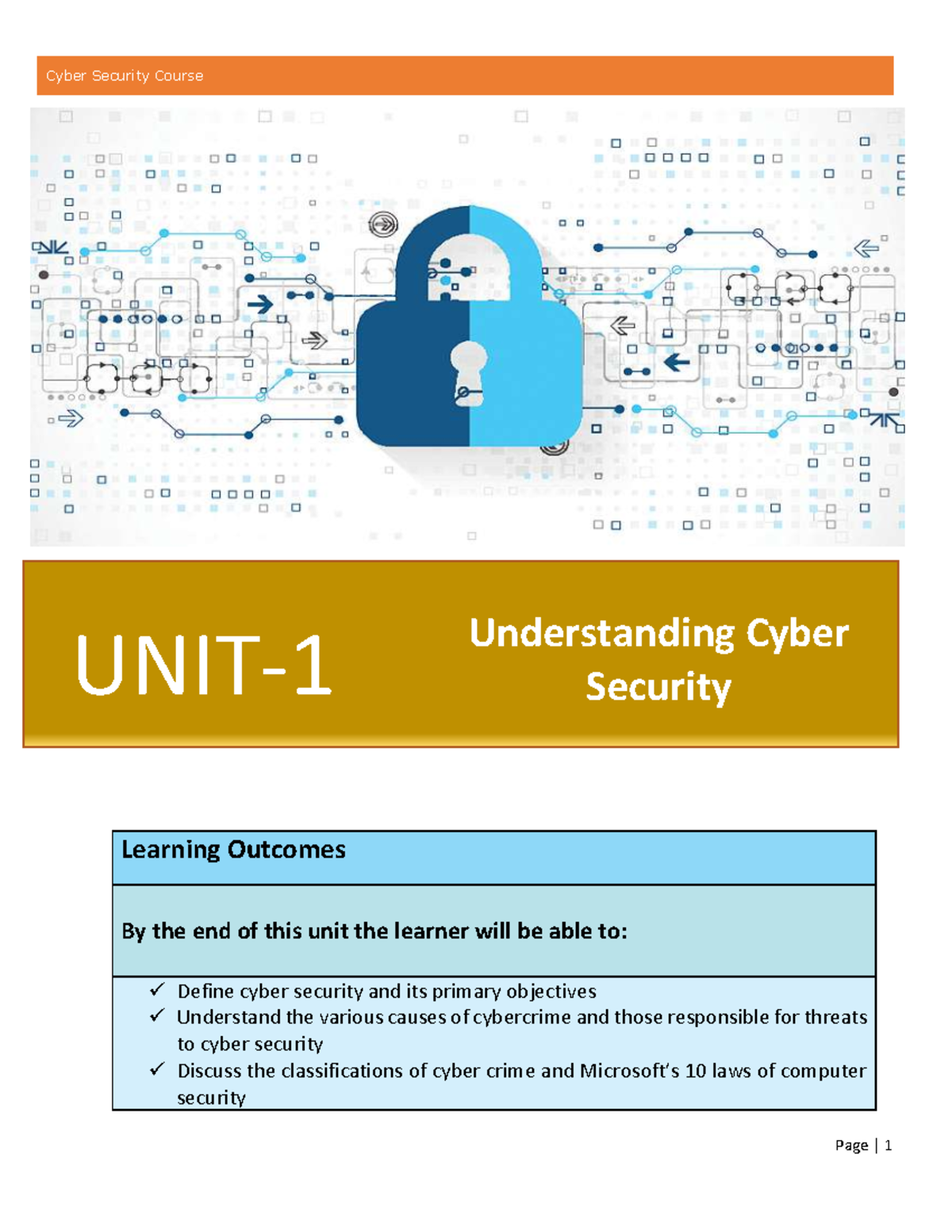 unit 1 Understanding Cyber security - Learning Outcomes By the end of ...