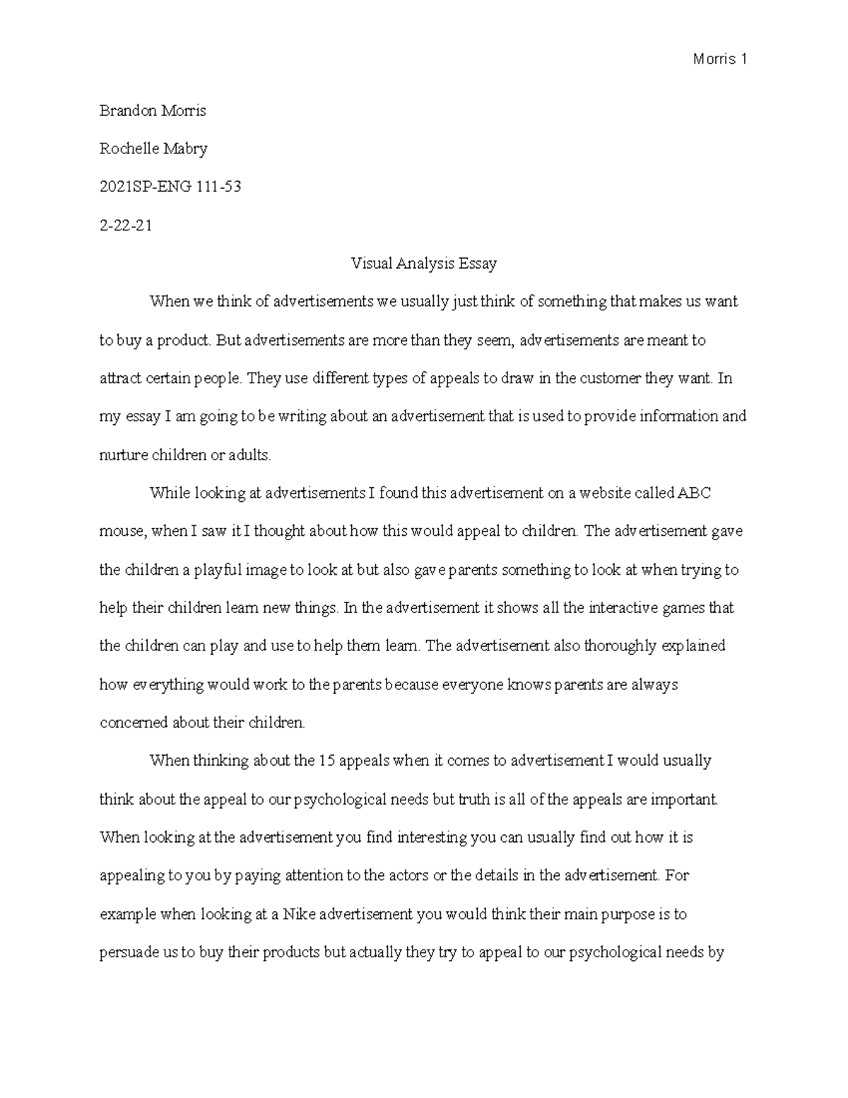 Visual Analysis Essay - Various info on course - Morris 1 Brandon ...