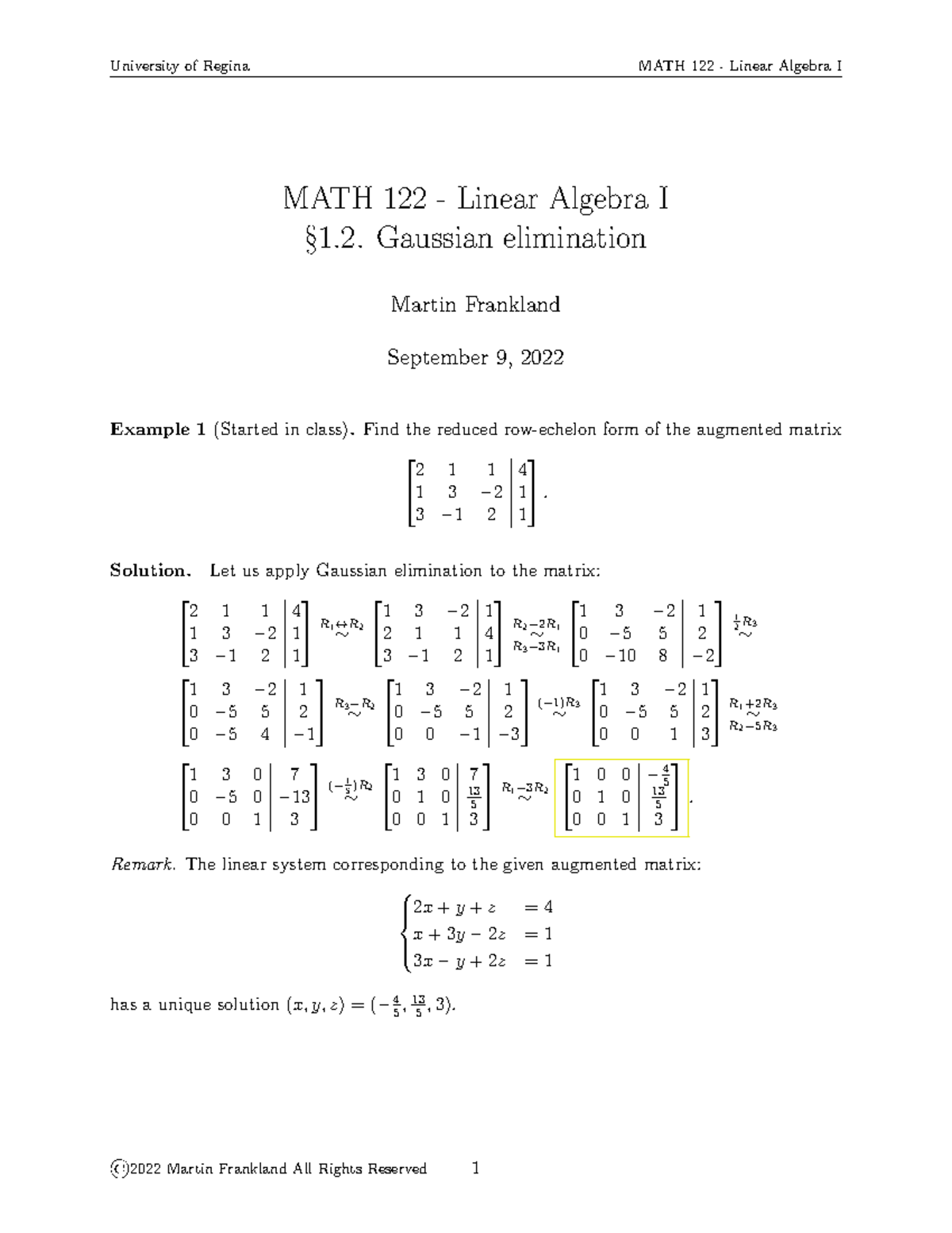 Math122 1-2 Gaussian Elimination - MATH 122 - Linear Algebra I 1 ...