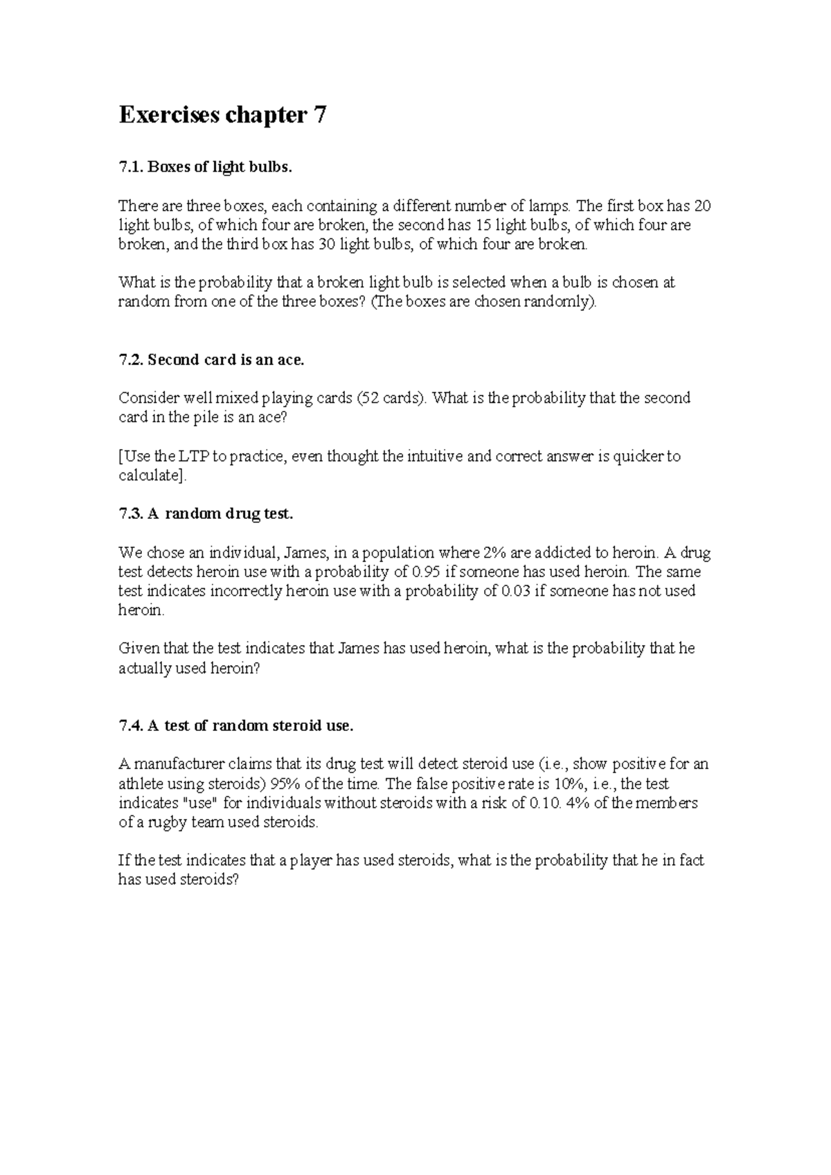 Ejercicios 7 eng - Exercises chapter 7 7. Boxes of light bulbs. There ...