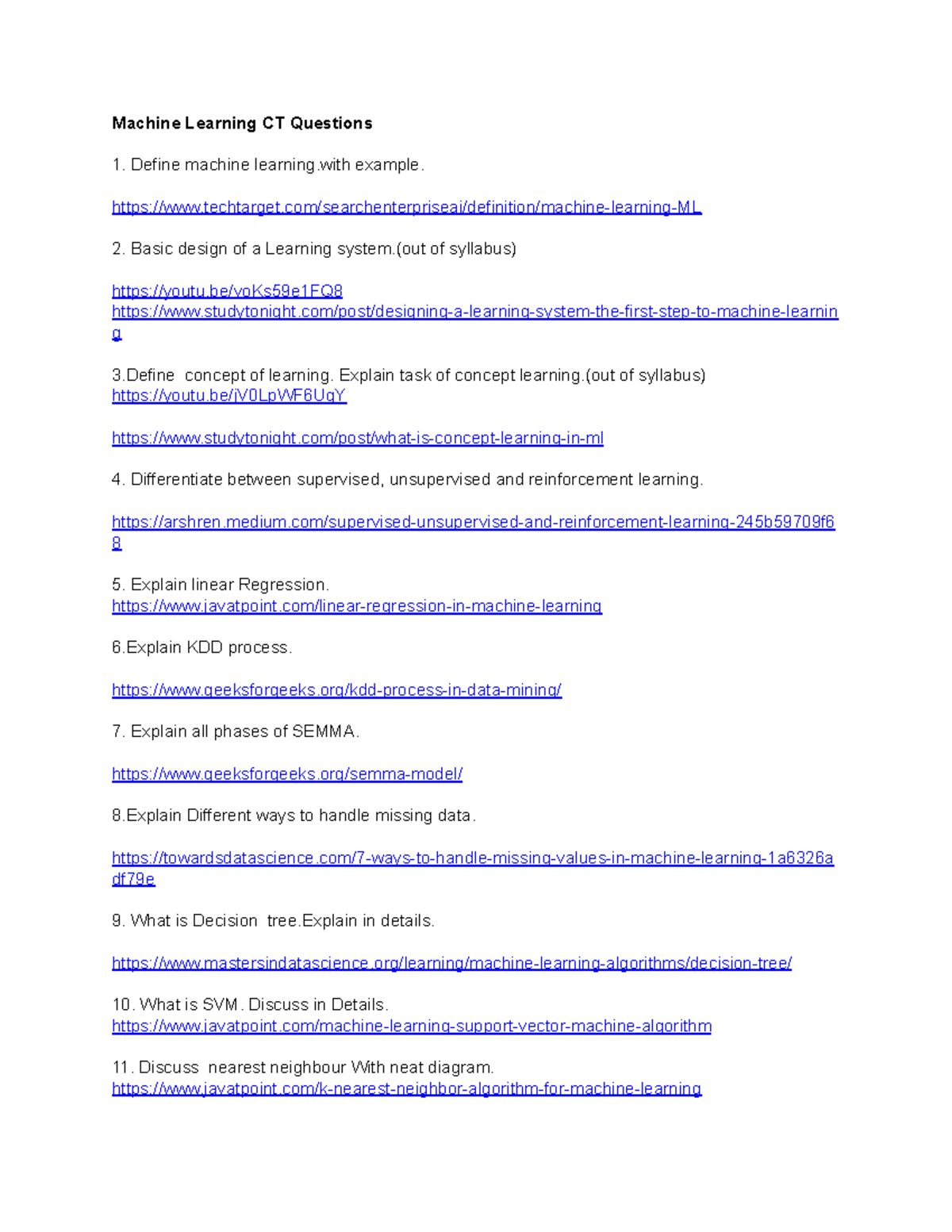 Machine Learning CT Questions - Machine Learning CT Questions Define machine learning example ...