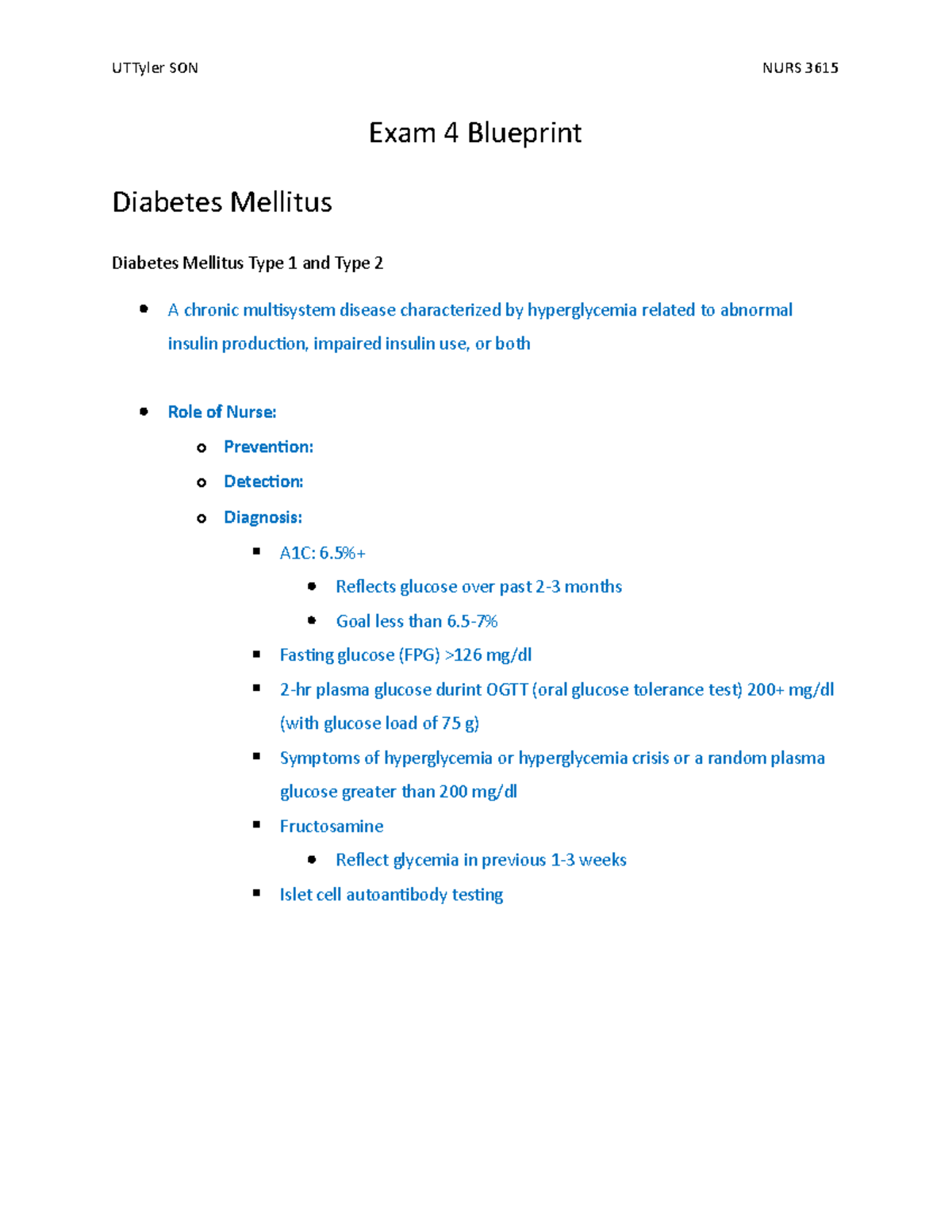 Exam Blueprint Exam 4 NURS3615 - Exam 4 Blueprint Diabetes Mellitus ...