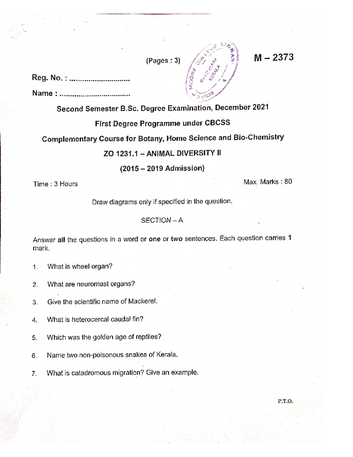 Zoology.pdf questions 2 - (Pages : 3) AN M 2373 Reg. No. : Name ...