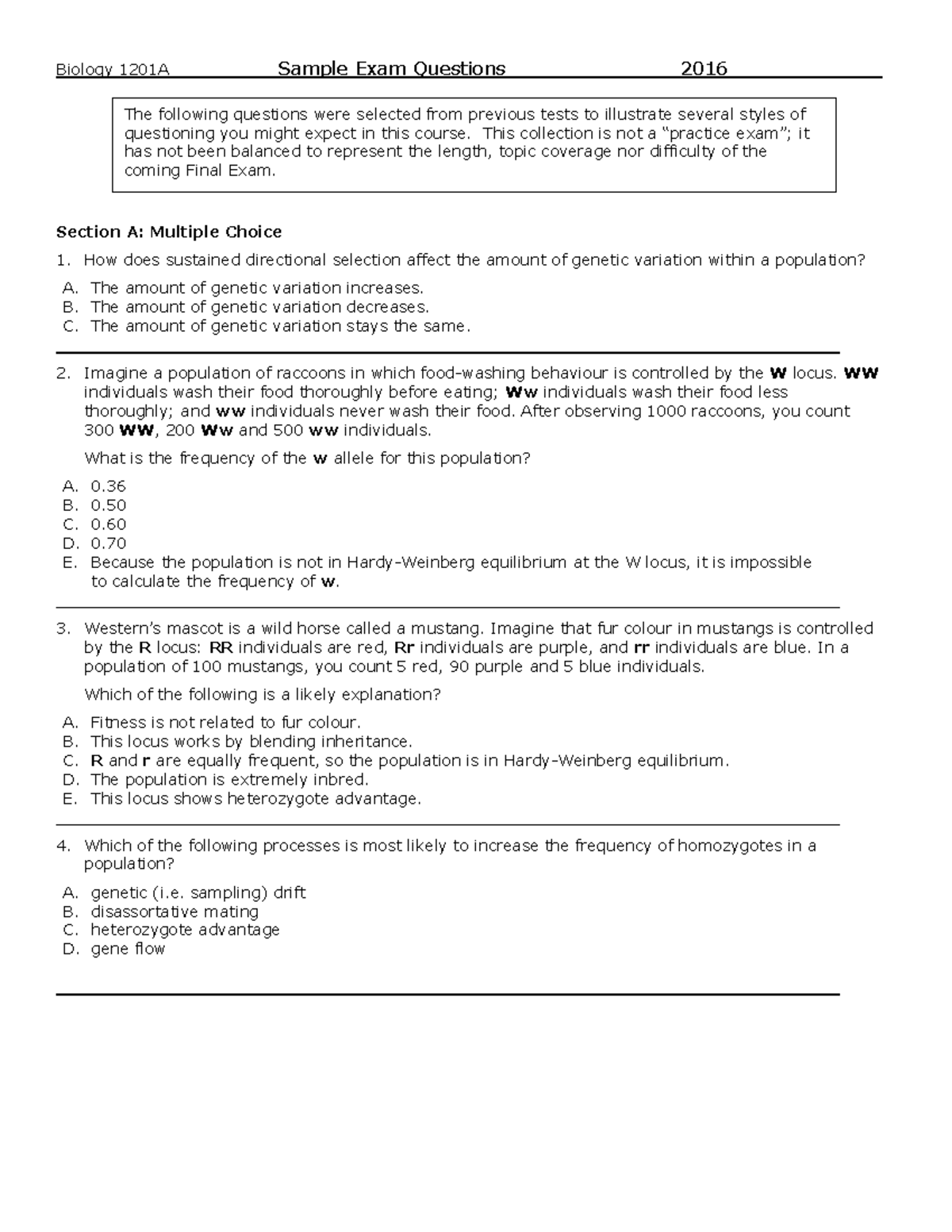 Bio 1201A Final Practice - Biology 1201A Sample Exam Questions 2016 The ...