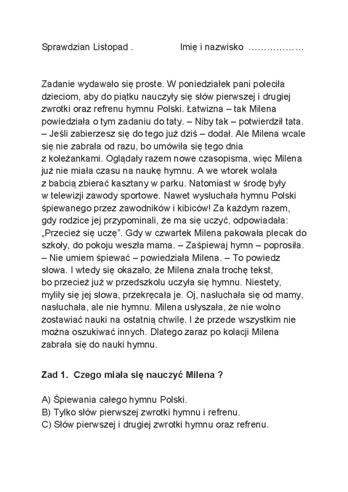Sprawdzian J. Polski Listopad. gr 2 - Sprawdzian Listopad. Imię i ...