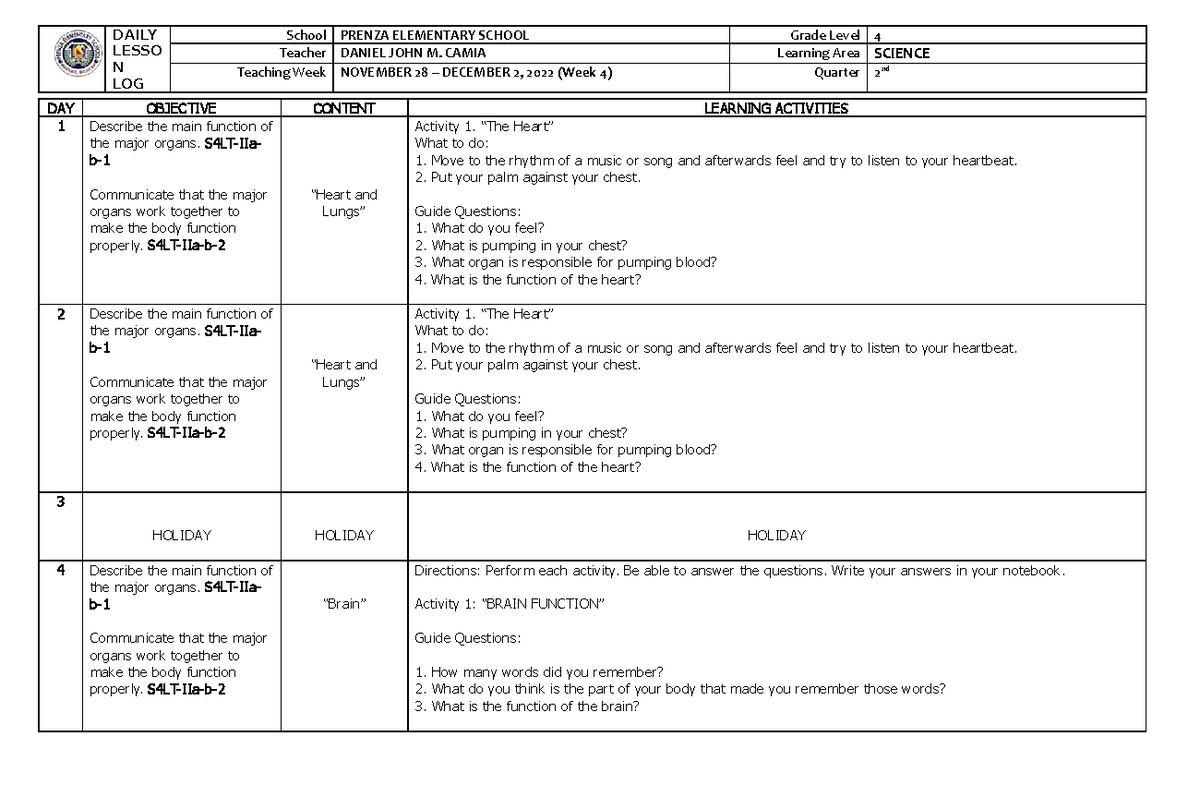DLL Quarter 2 Week 4 Science - DAILY LESSO N LOG School PRENZA ...